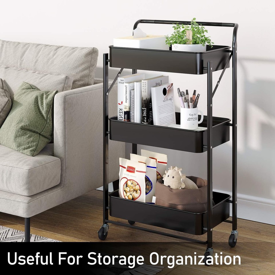 3 Tier Foldable Storage Trolley Cart Metal Rolling Organizer with ...