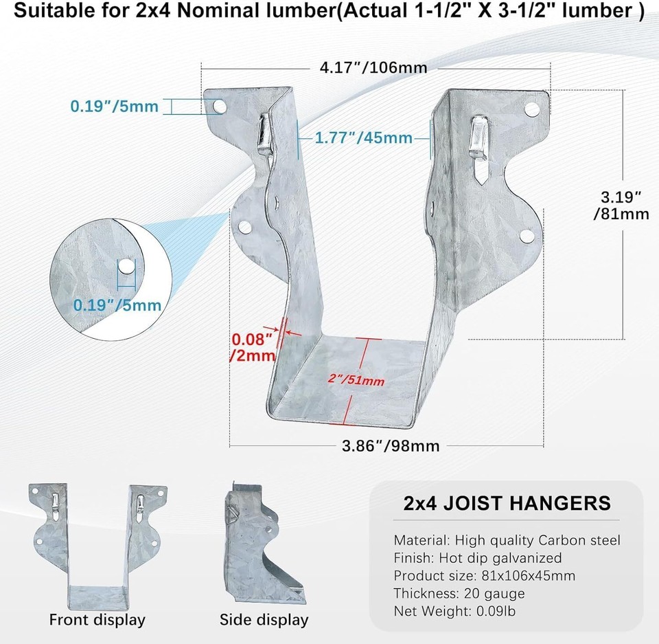 LukLoy 2x4 Joist Hanger 20 Gauge Galvanizing Face Mount Joist Hangers ...