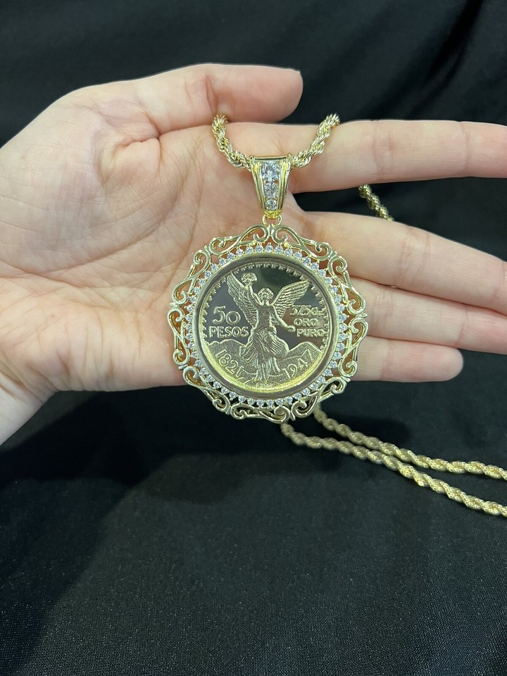 Gold PLATE Mens 50 Pesos Moneda Mexican Coin CZ Filigree CENTENARIO ...