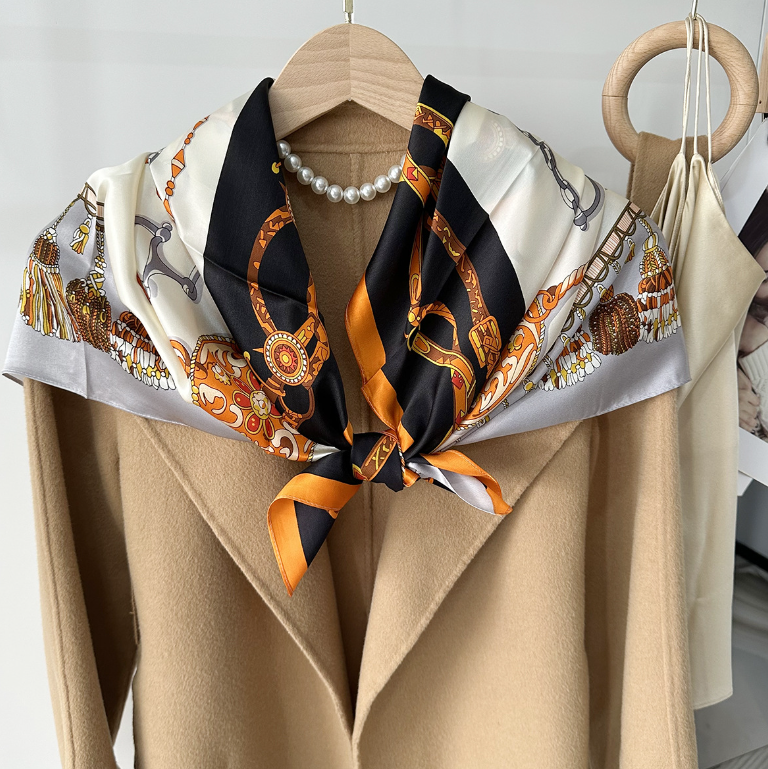 Pure 12 Momme 100% Silk Wrap Scarf Bandanna Orange chain Print Square ...