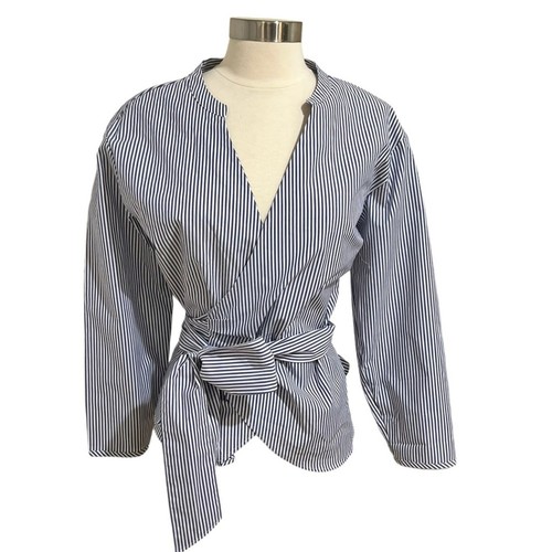 J.Crew Blue & White Pinstripe Cotton Wrap Around Top Women's Size Small ...