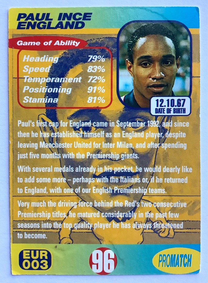 England Promatch 96 Card Signed Paul Ince Man Utd Liverpool Inter Milan ...