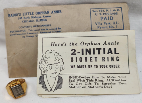 1937 Little Orphan Annie 2 Initial Signet Ring w/ Instructions & Mailer ...