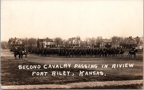 c1930s FORT RILEY, Kansas Photo RPPC Postcard "Second Calvary Passing ...