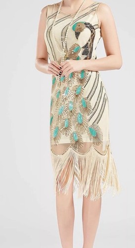 BABEYOND FLAPPER DRESS SIZE SMALL BEIGE FRINGES BEADS 1920’S GREAT ...