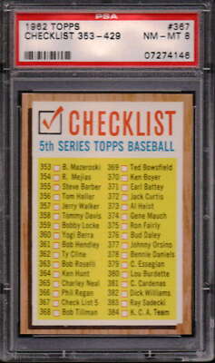 1962 Topps #367 Checklist 353-429 PSA 8 (4116) | eBay