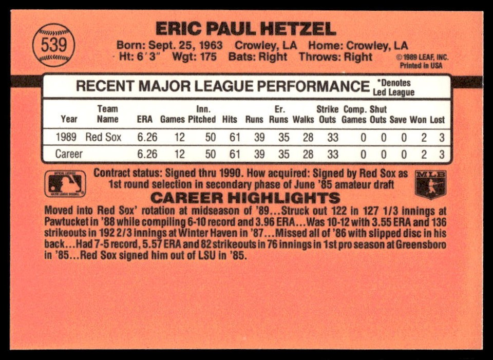 1990 Donruss 539 Eric Hetzel Boston Red Sox Baseball Card | eBay