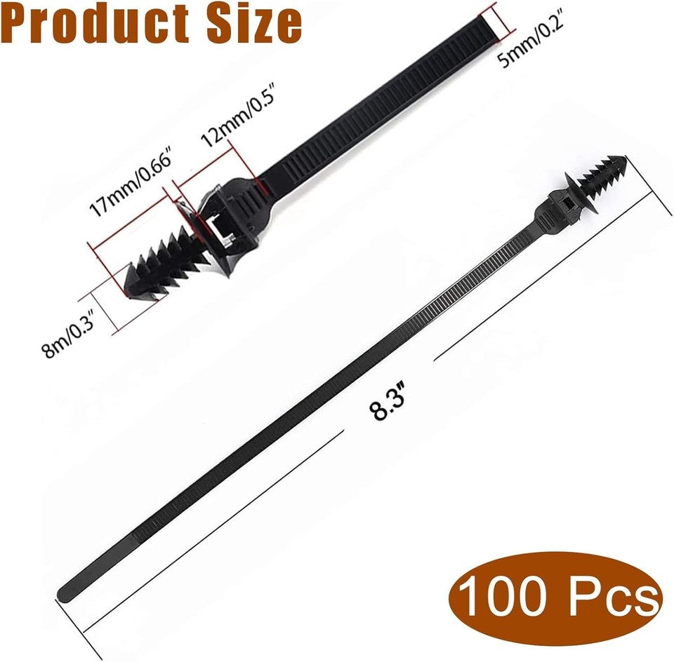 Push Mount Zip Ties, 8 inch Cable Zip Tie Black Wire Tie with Push Pin ...