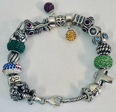 VINTAGE STERLING SILVER ITALY (RCI) 19 ASSORTED CHARMS SLIDE BRACELET ...