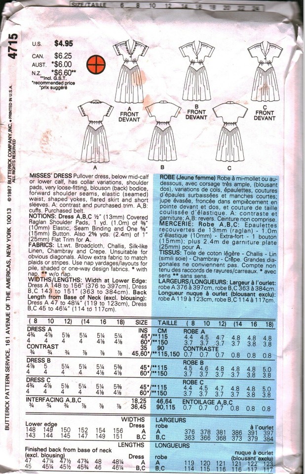4715 Butterick SEWING Pattern Misses Pullover Dress Mid Calf OOP Sew 8 ...