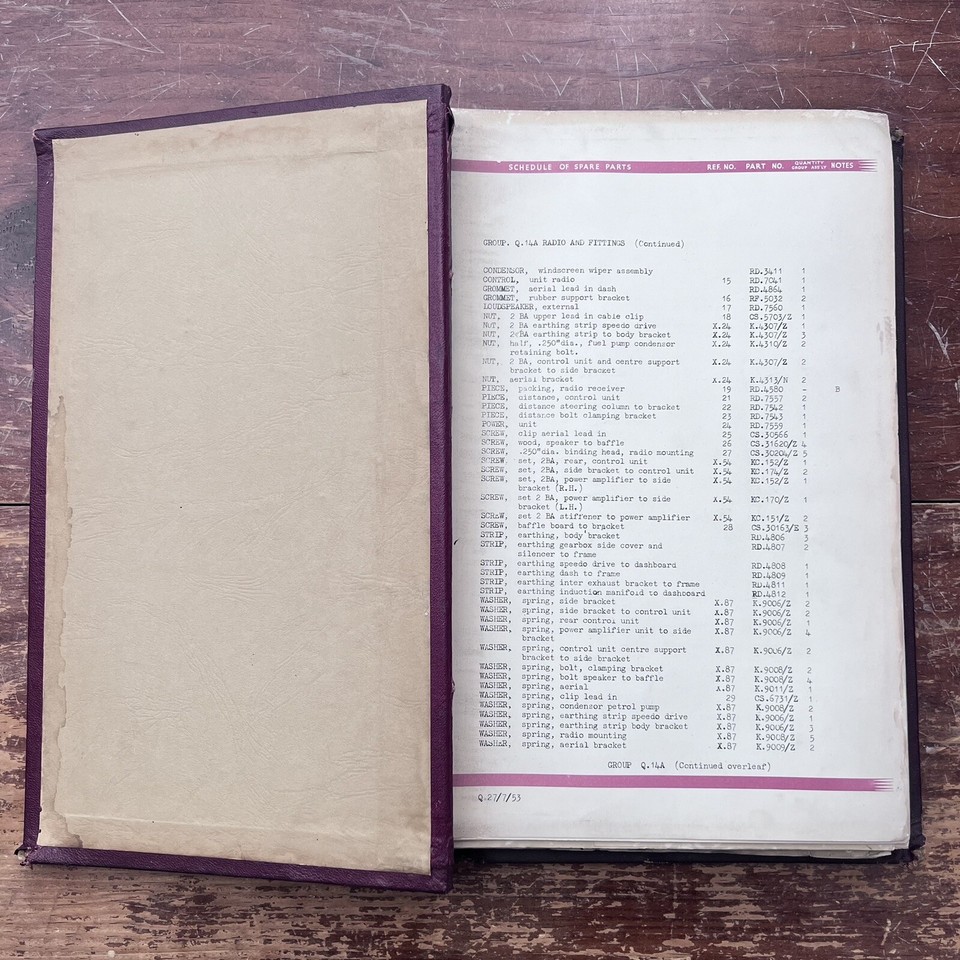 1957 Rolls Royce Schedule of Spare Parts | eBay