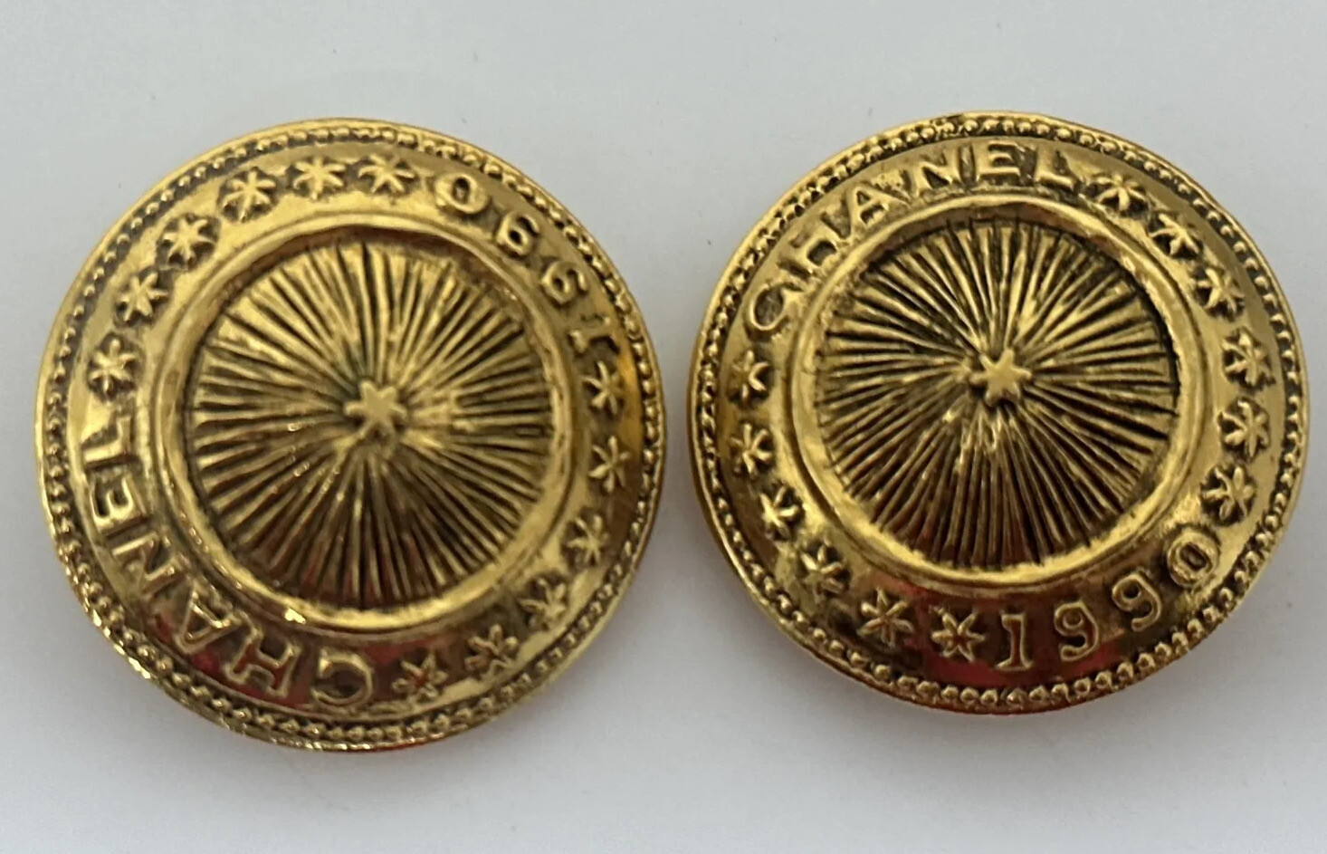 1990 Vintage Chanel Gold Plated Button Coin Clip Earr… - Gem