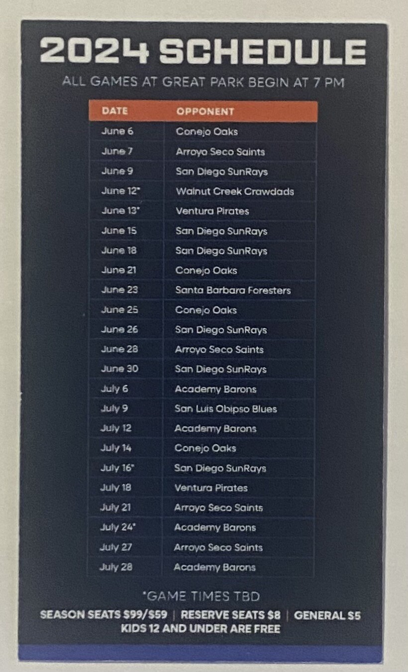 2024 ORANGE COUNTY RIPTIDE Schedule ⚾️ Minor Baseball Sked Not 2023 CARD | eBay