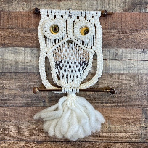 Vintage Macrame Owl with Wood Accent Hanging Wall Decor White Bohemian ...