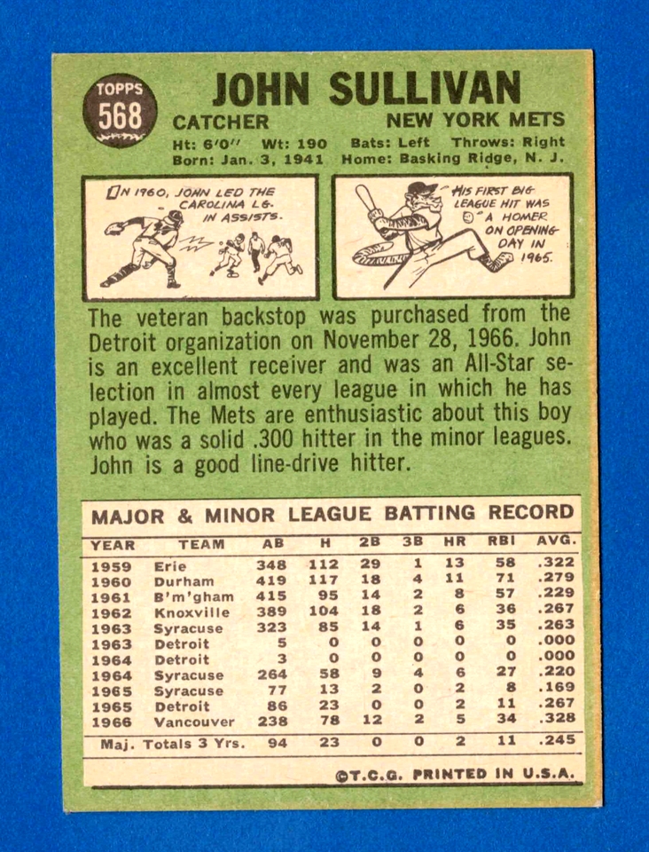 1967 TOPPS #568 JOHN SULLIVAN NEW YORK METS CARD -- EX | eBay