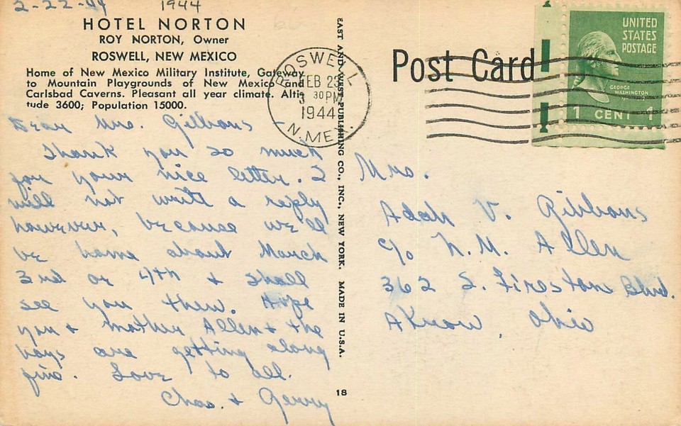 Postcard New Mexico Roswell Hotel Norton 1944 autos East West ...