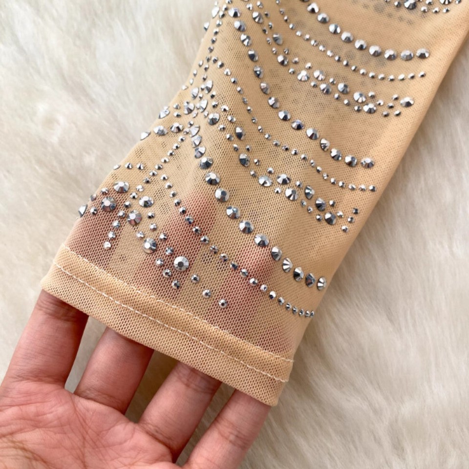 Women Sheer Mesh Crystal Shirts Rhinestone T-shirts Tops Blouse Slim ...