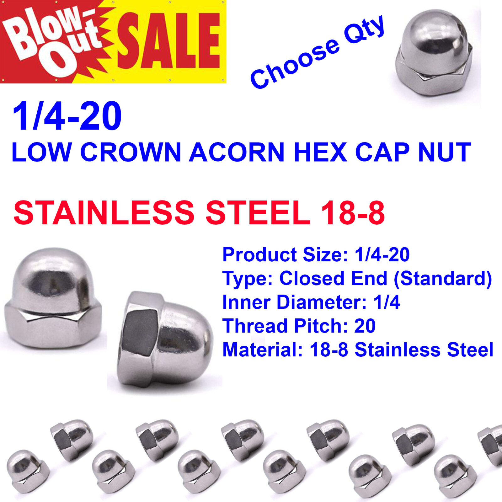 1/4-20 LOW CROWN ACORN HEX CAP NUT - STAINLESS STEEL 304 / 18-8 ...