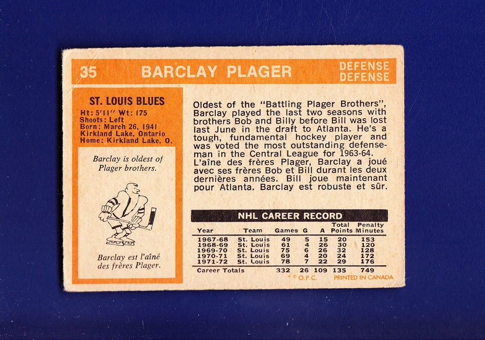 Barclay Plager 1972-73 O-PEE-CHEE OPC NHL Hockey #35 (VG) St. Louis ...