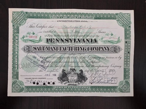 15 Shares Pennsylvania Salt Manufacturing Company Stock Certificate 09 ...