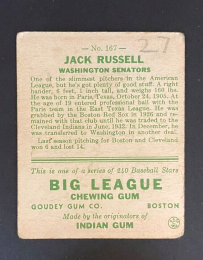 1933 Goudey #167 Jack Russell Washington Senators | eBay