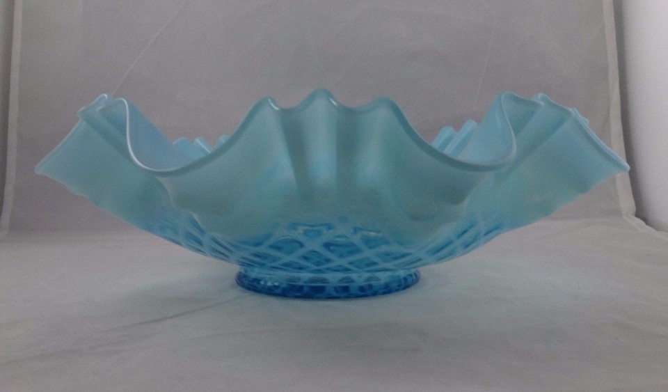 Old Antique BLUE GLASS OPALESCENT LATTICE Pattern BRIDE'S BASKET BOWL ...