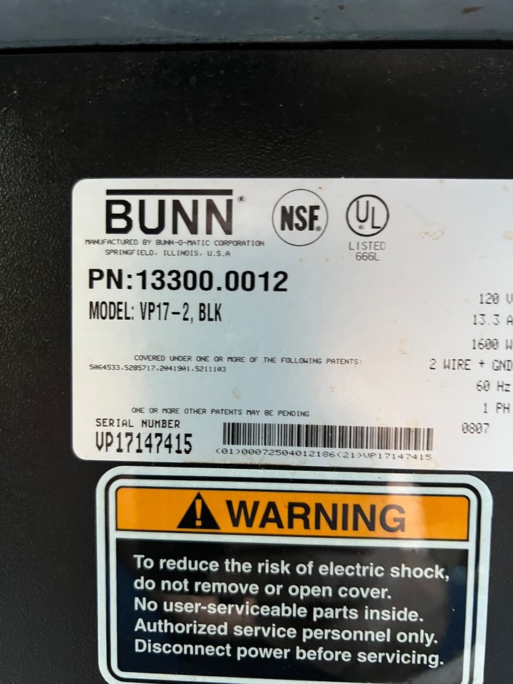 Bunn VP17-2 (1 Upper/1 Lower Warmer) Commercial Coffee Maker. 12 Cup ...