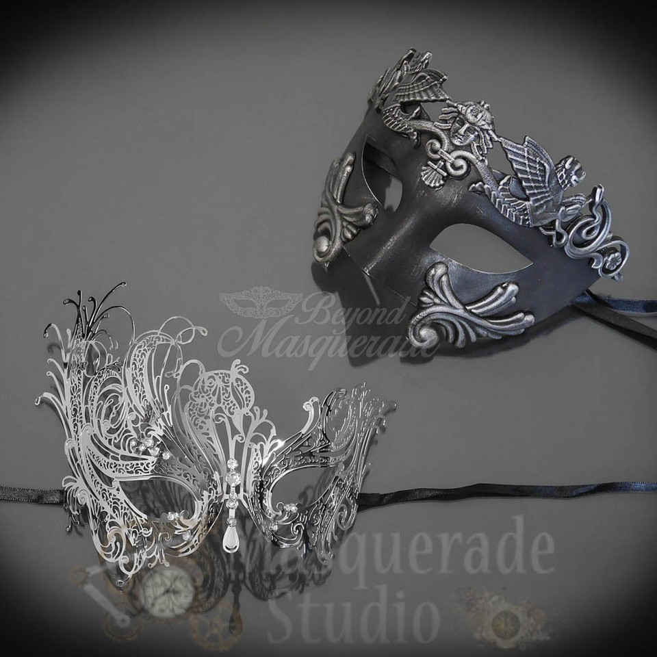 Couples Silver Roman and Silver Swan Costume Party Masquerade Masks Set ...