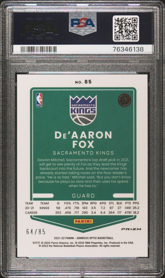 2021-22 De'Aaron Fox Fast Break Red Donruss Optic Prizm /85 PSA 10 ...