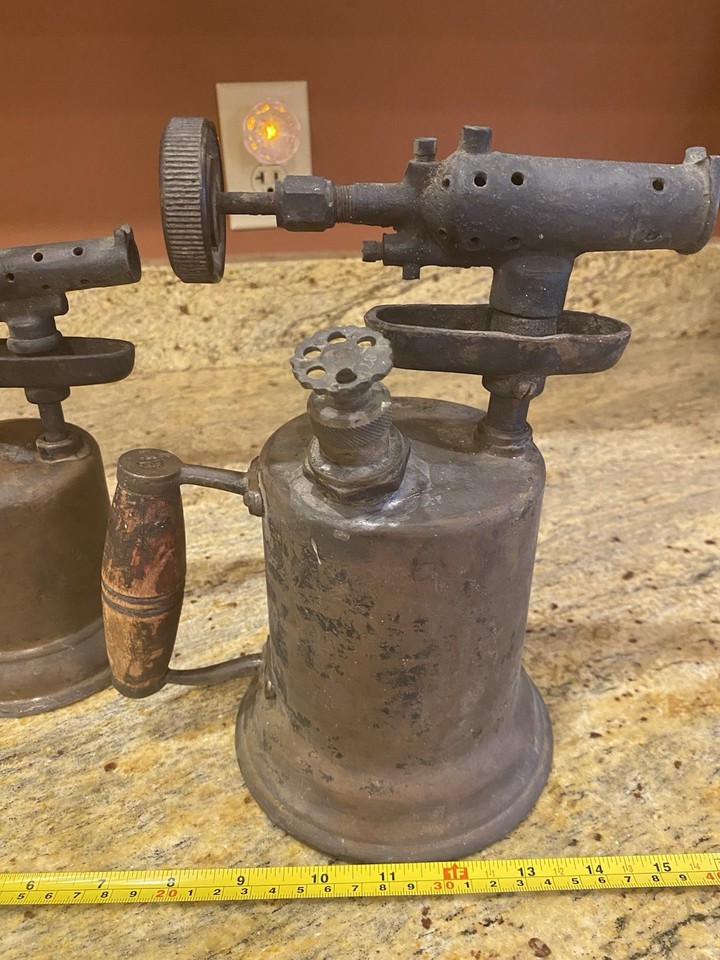 Set 2 Vintage Antique Blow Torch Torches Brass No Markings Wood Handle ...