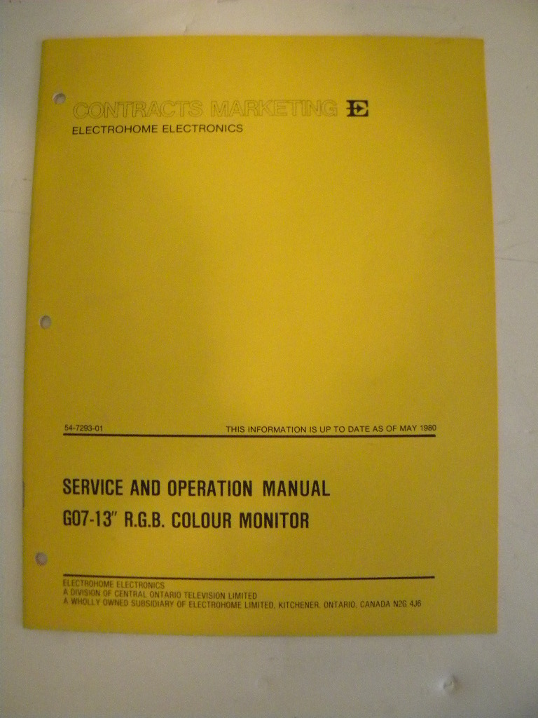 Electrohome G07 13" Monitor Arcade Game Owners Service Operation Manual ...