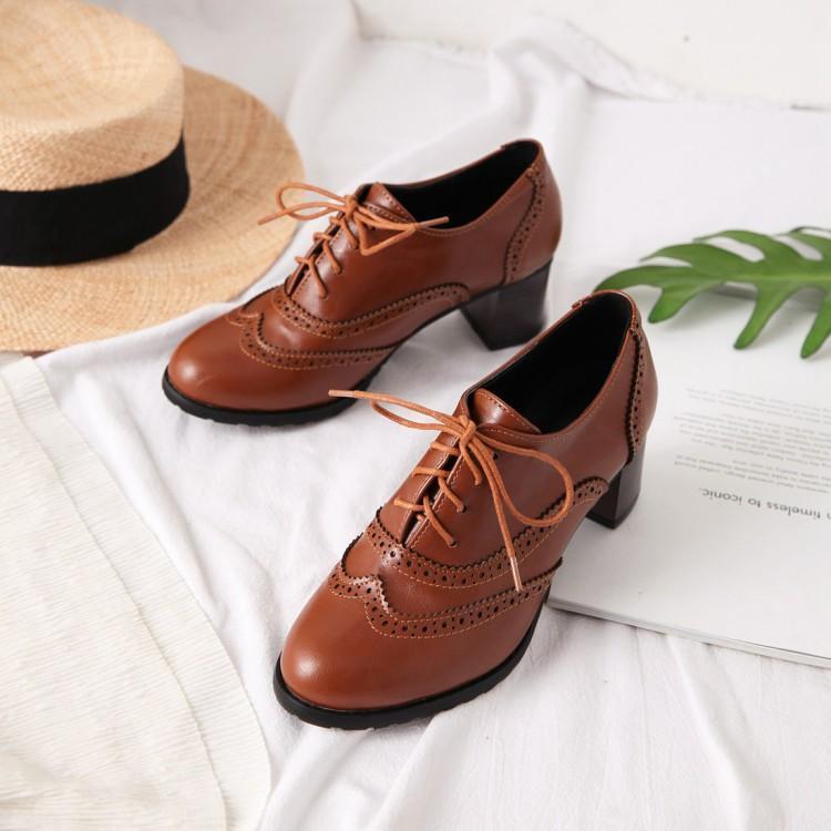 Women's Brogue Lace Up Block Heel Oxfords wingtip carved preppy Shoes ...