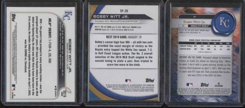 BOBBY WITT JR x3 LOT 2022 RC Rookie Topps Chrome Gold Label Bowman's ...