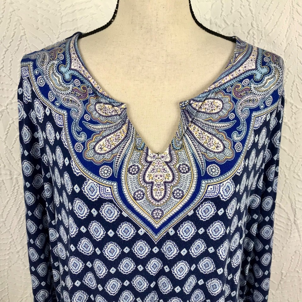 Chicos 2 Boho Tunic Top Size Large Blue Border Print 3/4 Sleeve Rayon ...