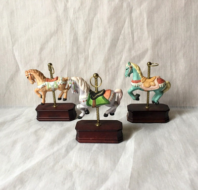 3 Vintage Ceramic Hand Painted Carousel Horses Wood Base 4" Figurines ...