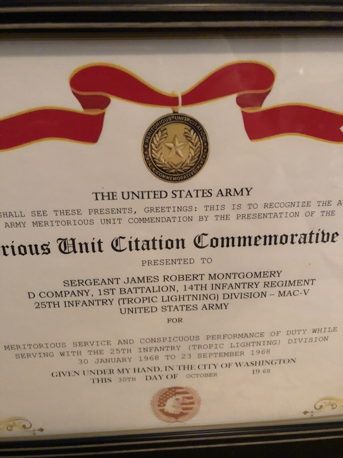 MERITORIOUS UNIT CITATION COMMEMORATIVE MEDAL CERTIFICATE ~ With Free ...