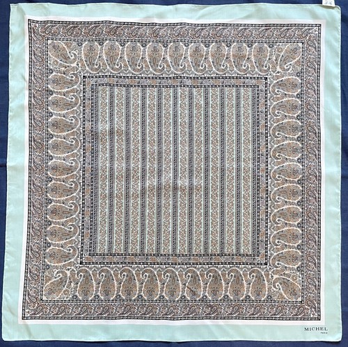 💫 Vintage MICHEL Paris Silk Scarf - 31" PAISLEY Stripe Green Beige ...
