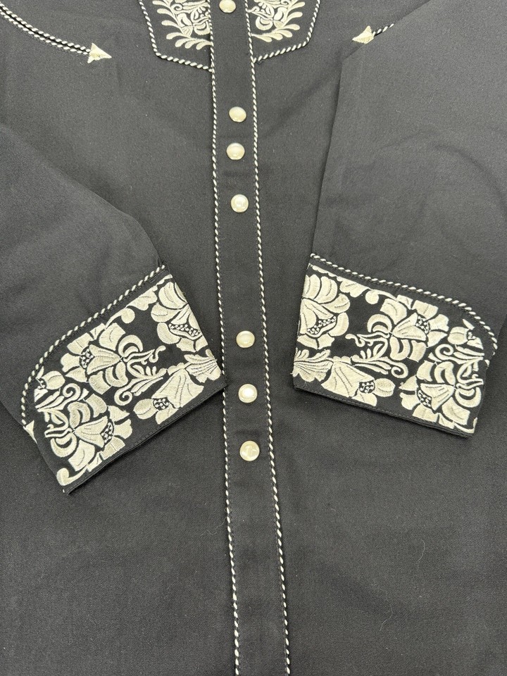 Scully Gunfighter Western Shirt Mens L Silver on Black Pearl Snap Smile ...