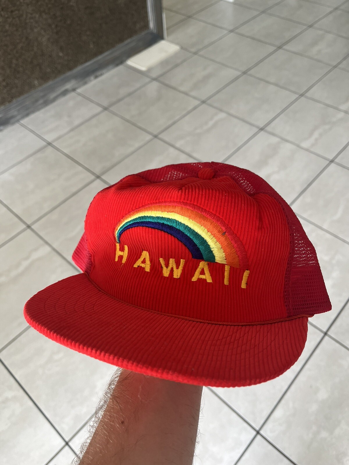 Hawaii Rainbow Vintage 80s Red Corduroy Rope Snapback… - Gem