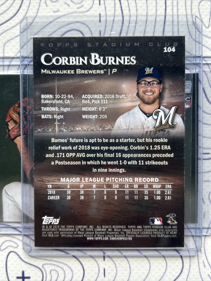 2019 Topps Stadium Club Corbin Burnes Rookie Card RC #104 | eBay