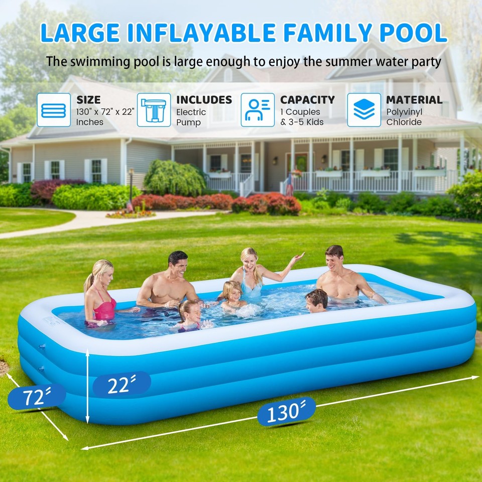 Extra Large Inflatable Pool with Pump, 130"x72"x22" Big Oversized ...
