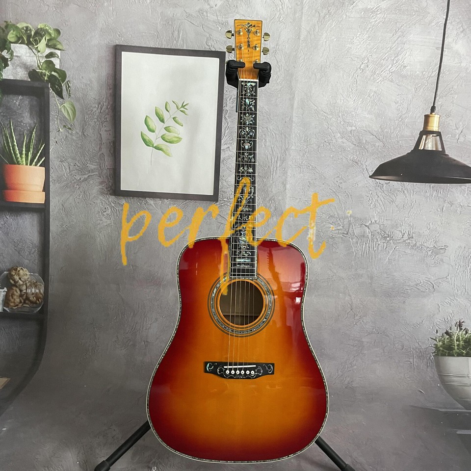 Cherry Sunburst D45 Acoustic Guitar Quilted Maple Back Solid Spruce Top ...