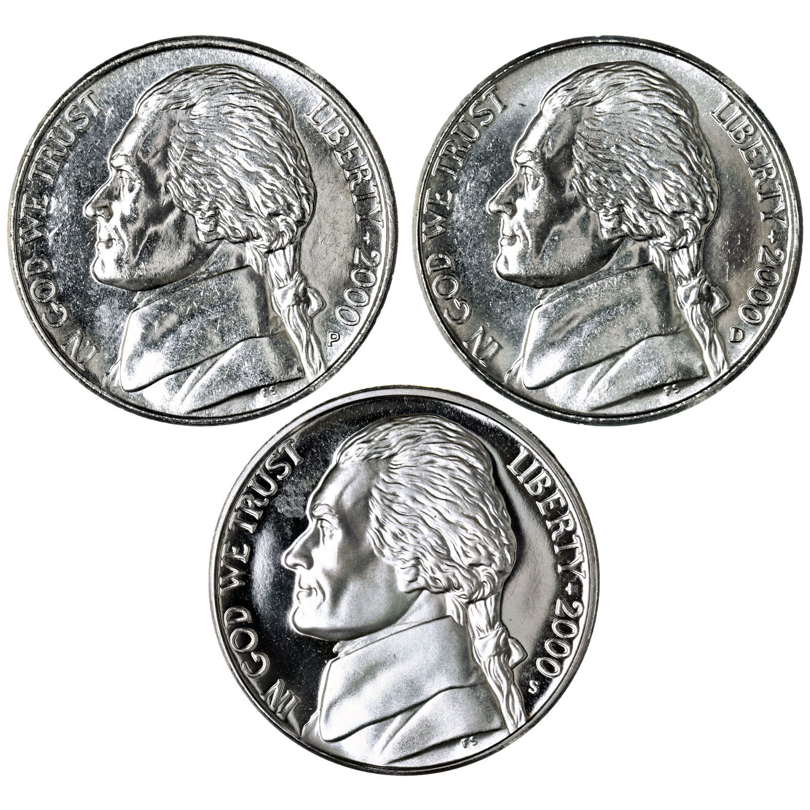 2000 P D S Jefferson Nickel Year Set Proof & BU US 3 Coin Lot | eBay