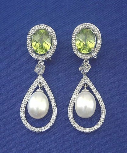 E278P Sterling Silver Freshwater Pearl Peridot Color Dangling Earrings ...