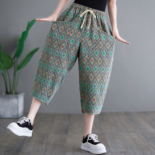 Women Geometric Pants Cropped Trousers Denim Drawstring Loose Summer ...