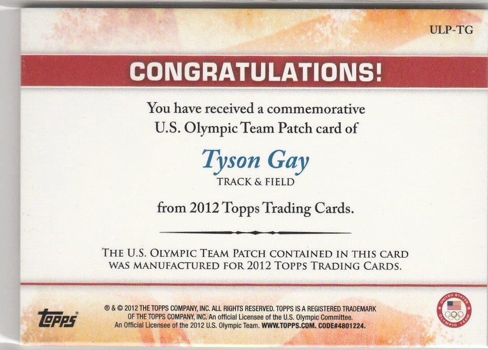 2012 Topps U.S. Olympic Team Olympic Team Patch #ULPTG Tyson Gay 048-M ...