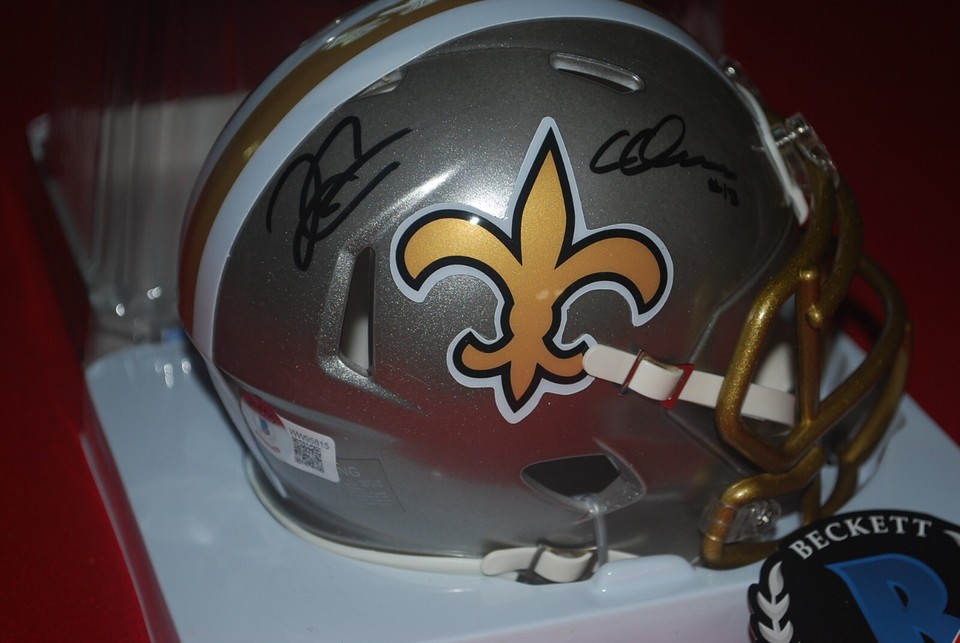DEREK CARR CHRIS OLAVE Saints signed Flash Mini Helmet BECKETT COA ...