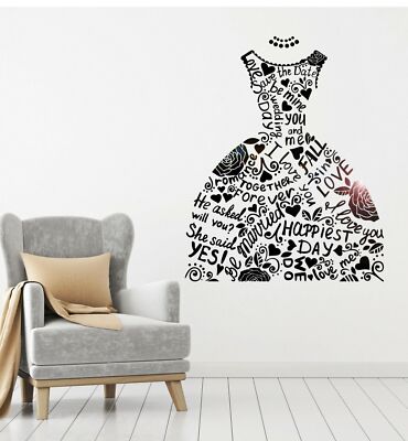 Vinyl Wall Decal Wedding Dress Bridal Shop Marriage Fashion Stickers ...