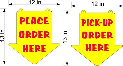 PICK UP ORDERS HERE AND PLACE ORDER HERE SIGNS YELLOW PLEXI GLASS ARROW ...