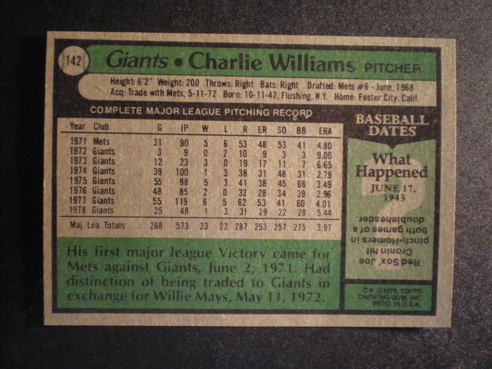 1979 Topps Baseball Giants Charlie Williams Card # 142 | eBay